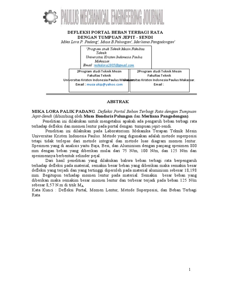 Jurnal Defleksi Portal Beban Terbagi Rata Dengan Tumpuan Jepit-Sendi | PDF
