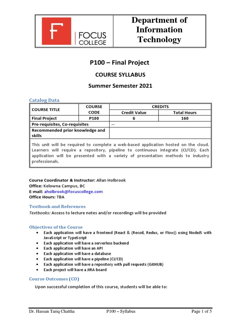 P100 - The Project - Syllabus-Summer 2021 | PDF | Databases | Computing