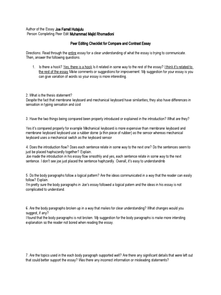 Peer Edit Checklist for Compare Essays | PDF | Essays | Cognition