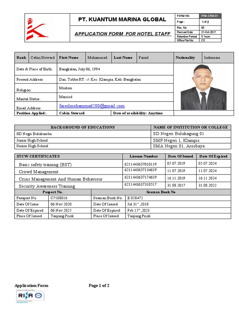 CV FORM HOSPITALITY - Mohammad Faisol | PDF | Government And Personhood