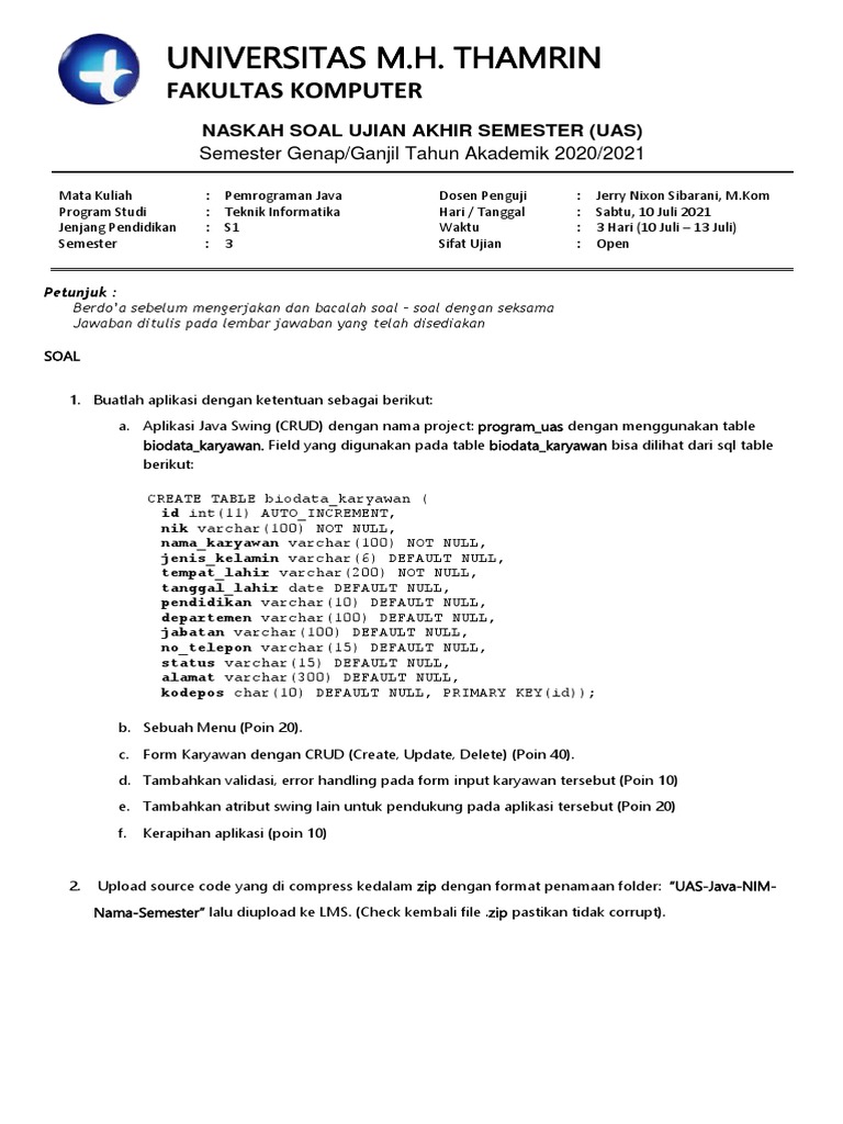 Soal Dan Lembar Jawaban UAS - Pemrograman Java | PDF | Komputer