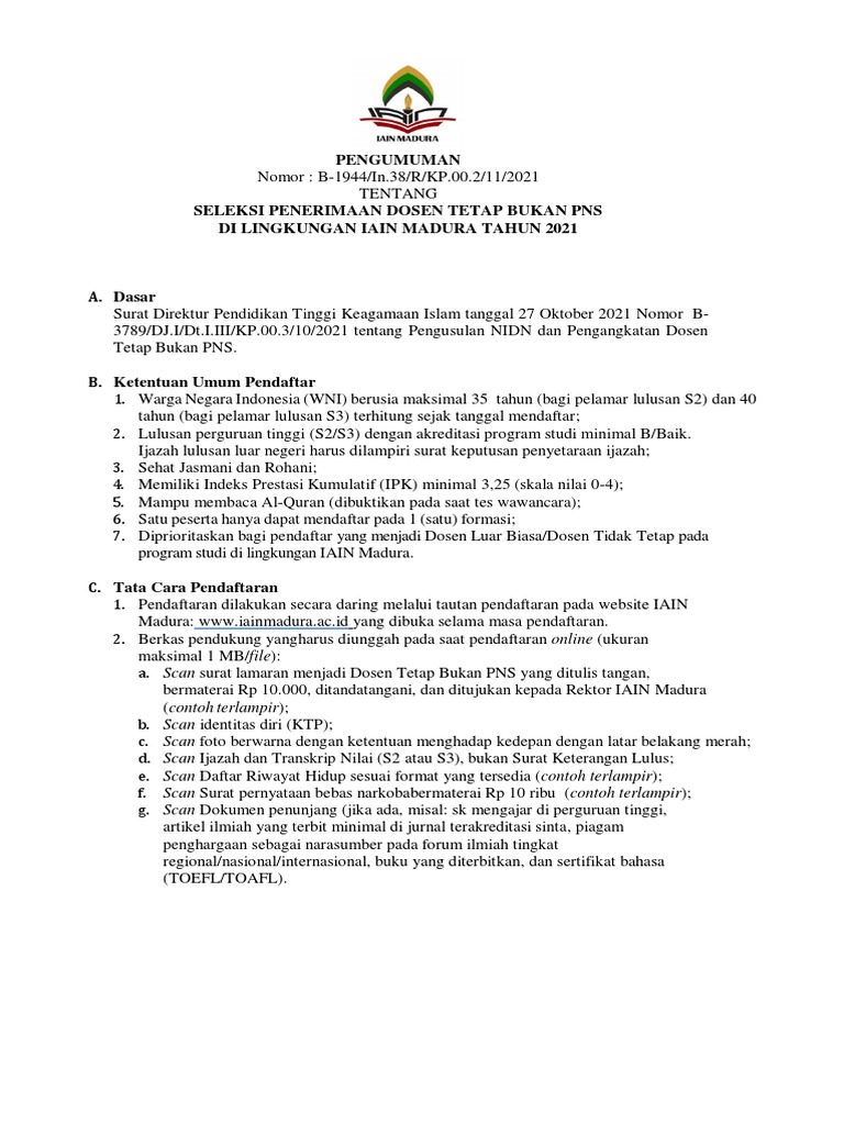 299635417pengumuman DTBPNS IAIN Madura | PDF