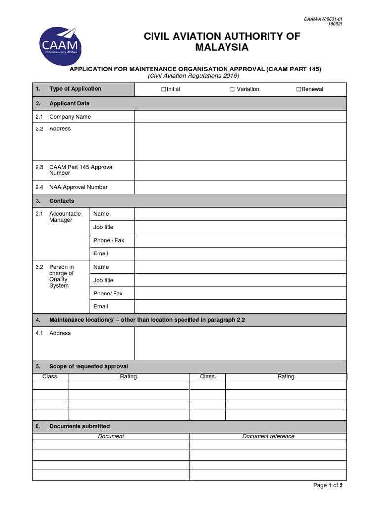 CAAM Part 145 Maintenance Approval Form | PDF | Transport | Aviation