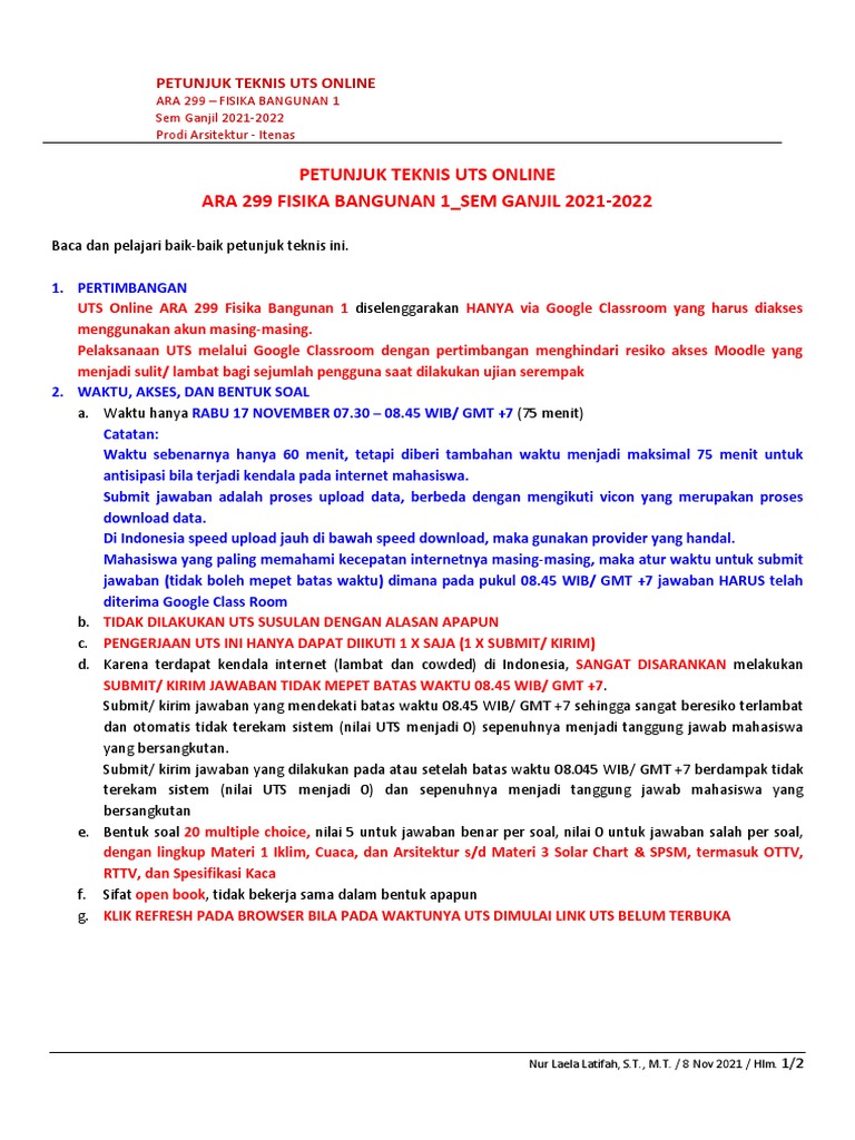 Petunjuk Teknis UTS Online Fisika Bangunan 1 | PDF