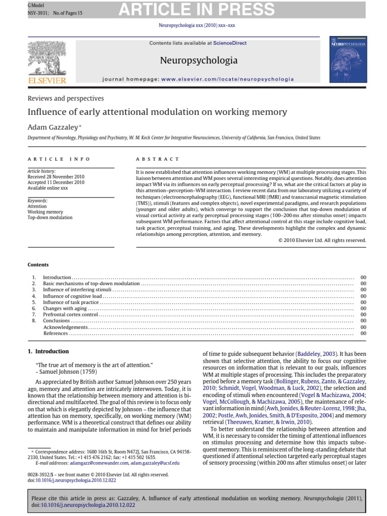 In Uence of Early Attentional Modulation On Working Memory: Neuropsychologia | PDF | Attention ...