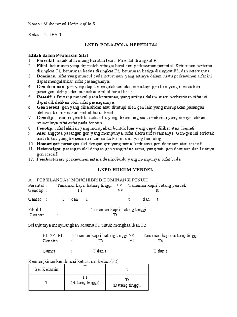 Muhammad Hafiz Aqilla S - LKPD POLA-POLA HEREDITAS | PDF