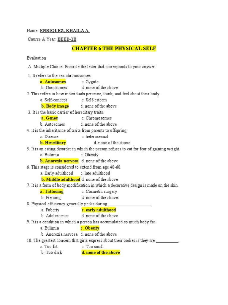 Chapter 6 The Physical Self: A. Autosomes | PDF | Self Actualization | Behavioural Sciences