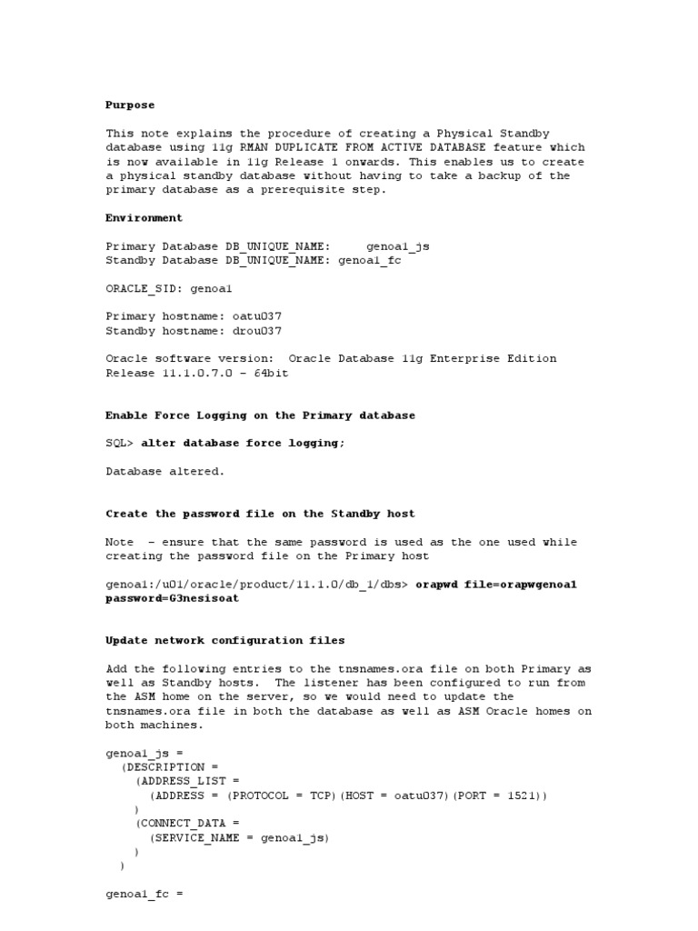 11g Duplicate Active Database | PDF | Oracle Database | Backup