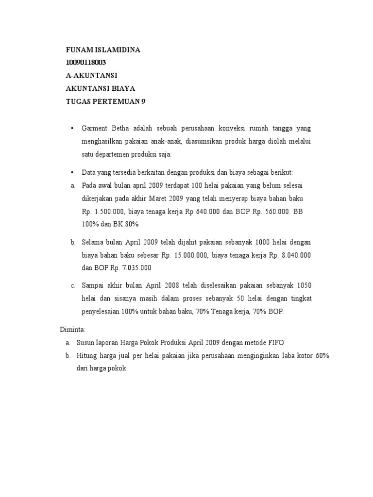 Funam Islamidina Akuntansi Biaya A Tugas Pert9 | PDF