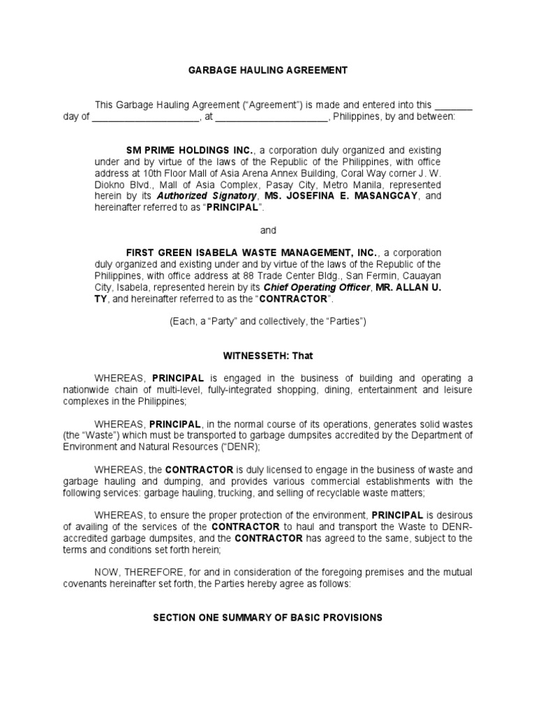 Garbage Hauling Agreement | PDF | Indemnity | Waste Management