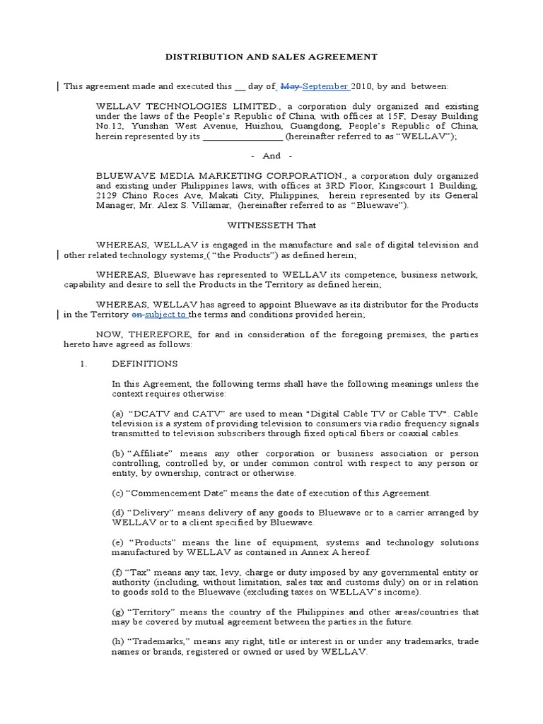 Distribution Agreement: WELLAV & Bluewave | PDF | Indemnity | Cable ...