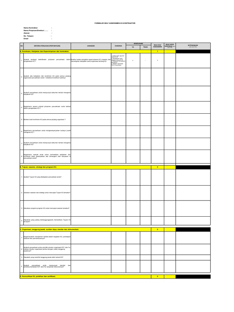 Formulir Self Assessmen K3 CSMS | PDF