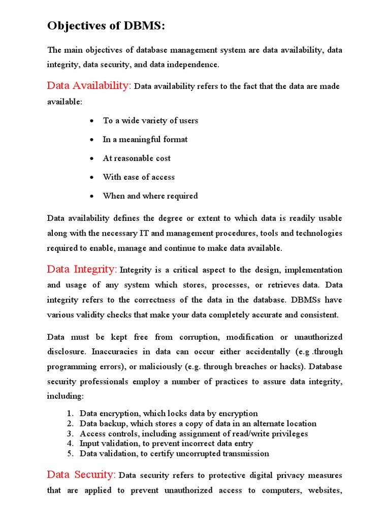 Objectives of DBMS:: Data Availability | PDF | Databases | Cloud Computing
