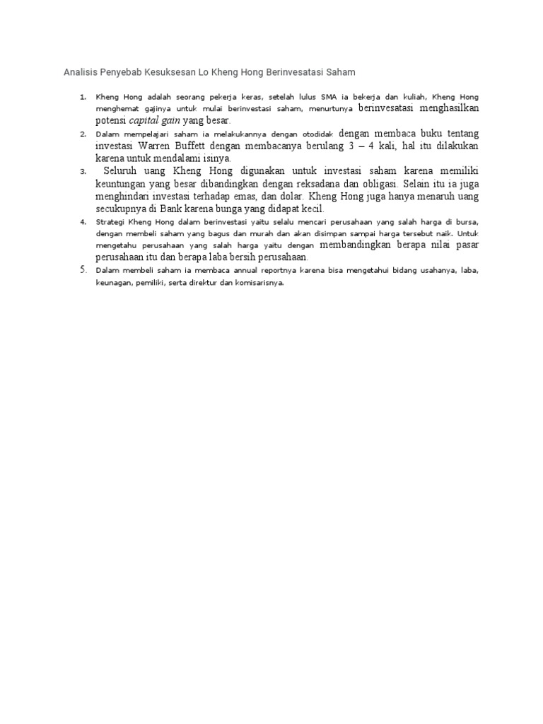 Analisis Penyebab Kesuksesan Lo Kheng Hong Berinvesatasi Saham Pdf