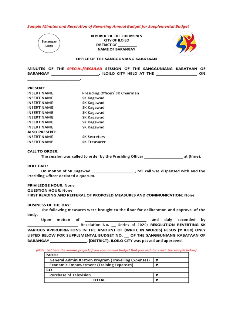 Sample Minutes and Resolution of Reverting Annual Budget For ...