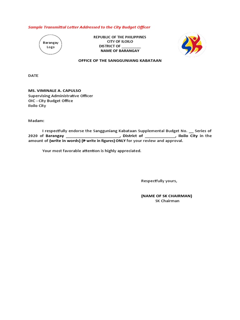 Office of The Sangguniang Kabataan: Sample Transmittal Letter Addressed ...