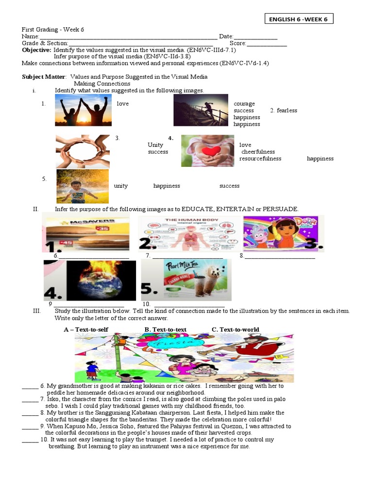 Objective: Identify The Values Suggested in The Visual Media. (En6Vc ...