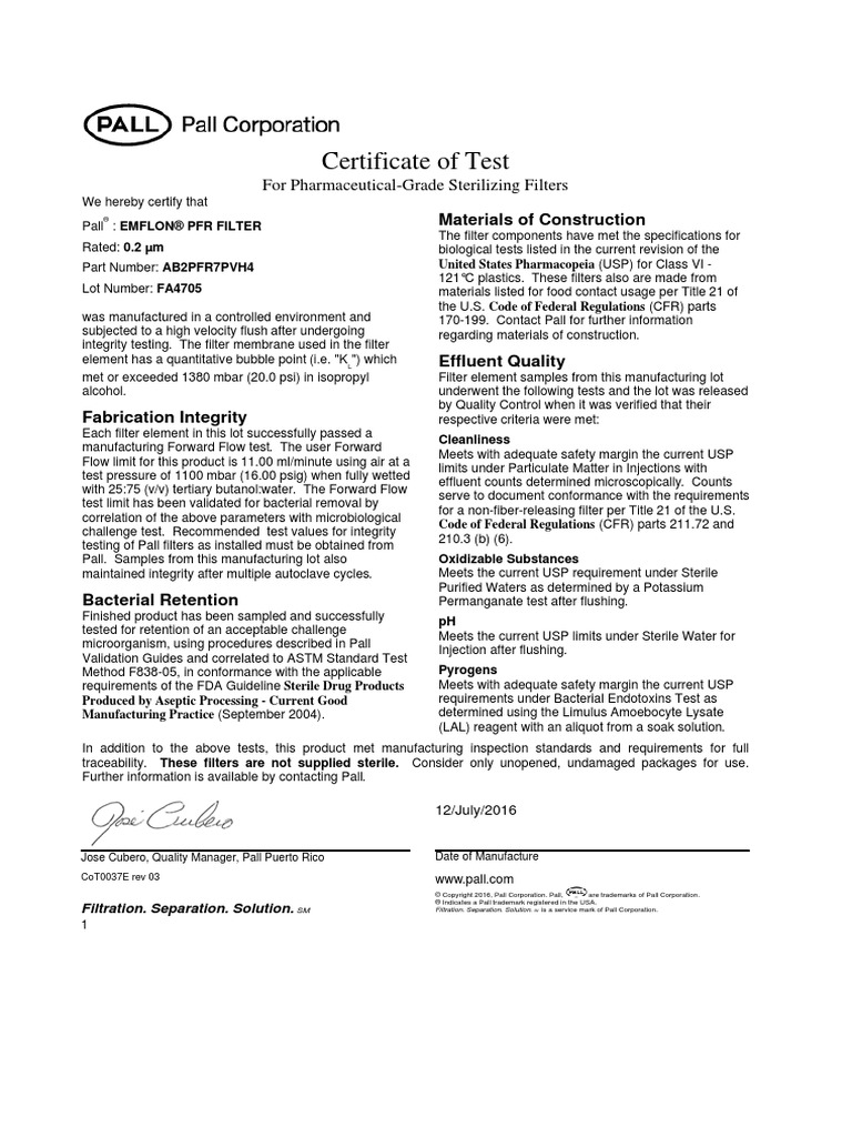 PALL Certificate of Test | PDF | Sterilization (Microbiology) | Chemistry