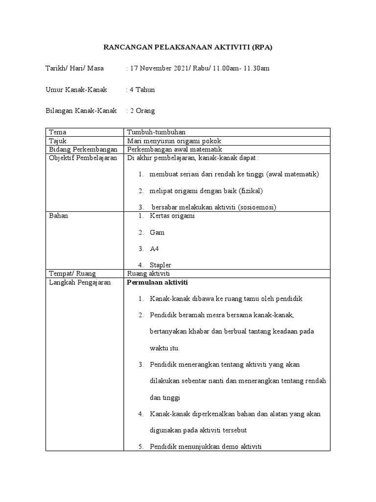 Rpa Perkembangan Awal Matematik | PDF