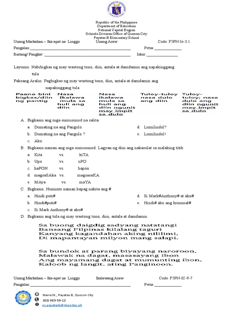 FILIPINO QRTER 1 WK 4 Template For Worksheets PBES | PDF