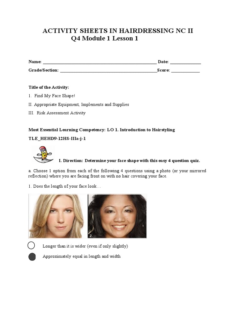 Activity Sheets in Hairdressing NC Ii Q4 Module 1 Lesson 1 | PDF ...
