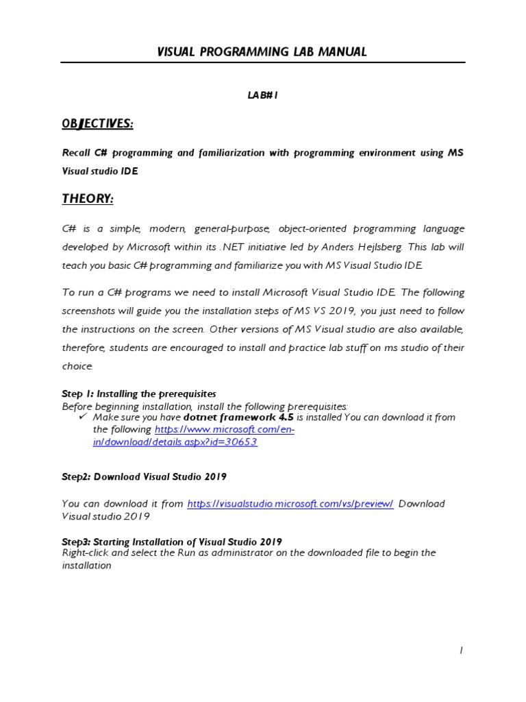 Visual Programming Lab Manual: Make Sure You Have Dotnet Framework 4.5 ...