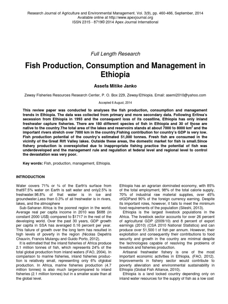 Fish Production, Consumption and Management in Ethiopia: Full Length ...