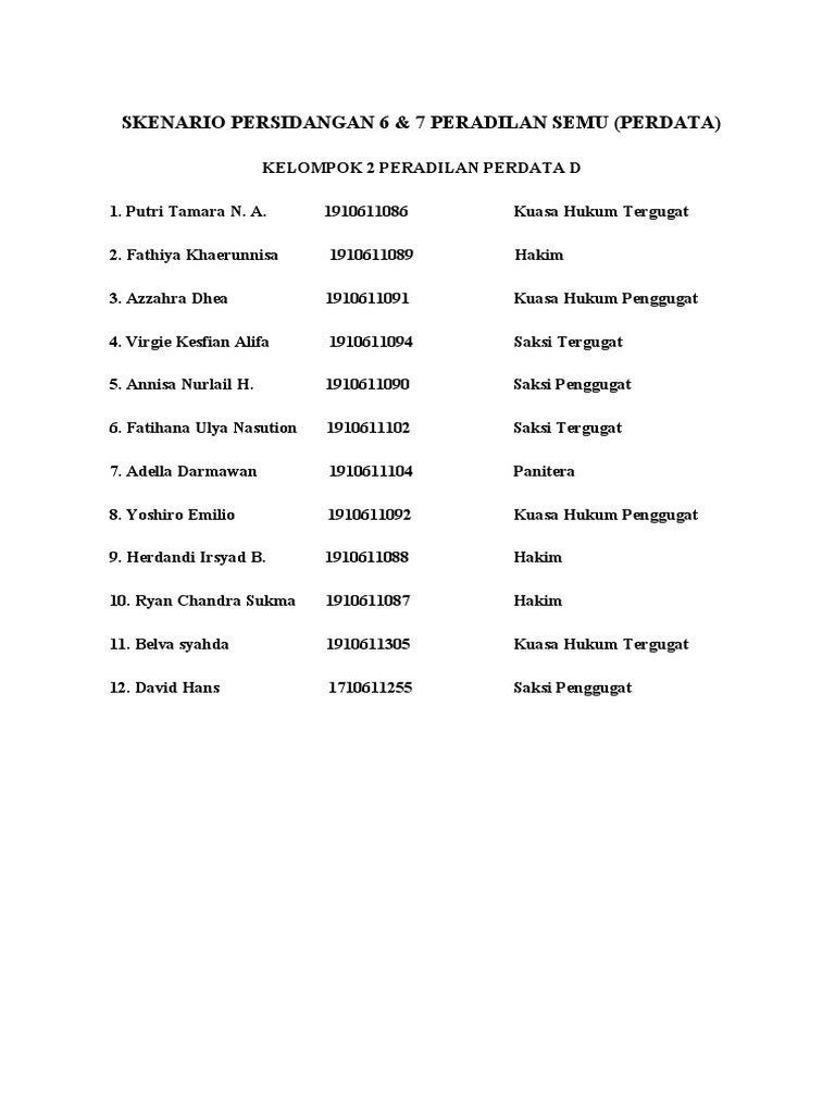 Fatihana Ulya Nasution - 1910611102 - Peradilan Perdata - Skenario ...