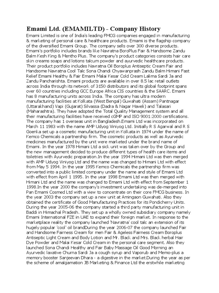 Emami Ltd. (EMAMILTD) - Company History | PDF | Business | Economies