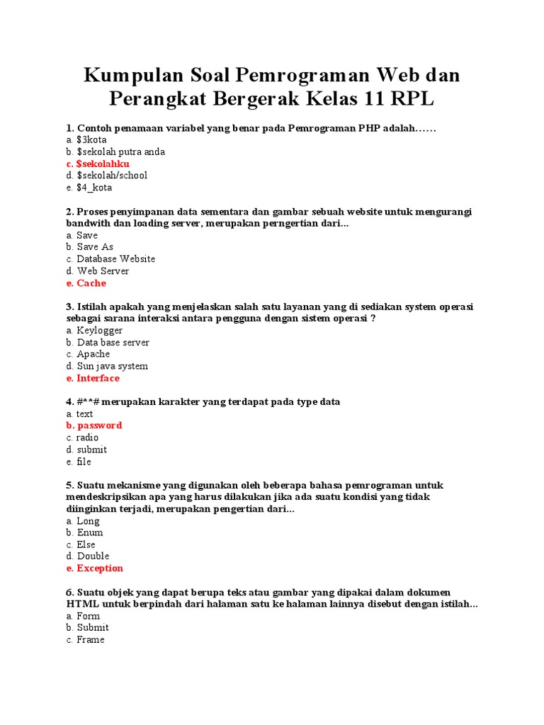 Kumpulan Soal Pemrograman Web Dan Perangkat Bergerak Kelas 11 RPL | PDF | Seni