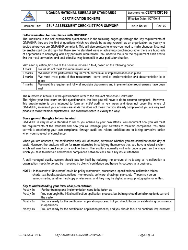 CERT-SC-F 01-G Self Assessment Checklist GMP GHP | PDF | Calibration ...
