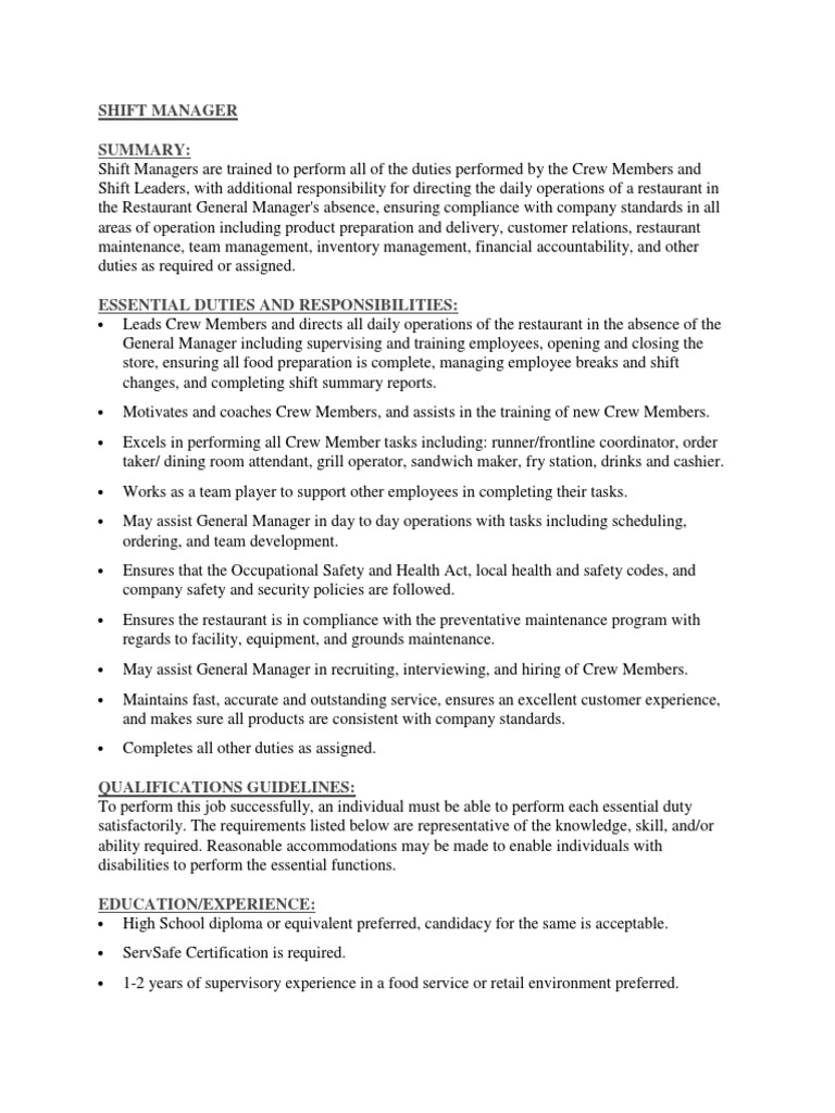 Fiveguys SHIFT MANAGER Job Description May2017 | PDF | Disability