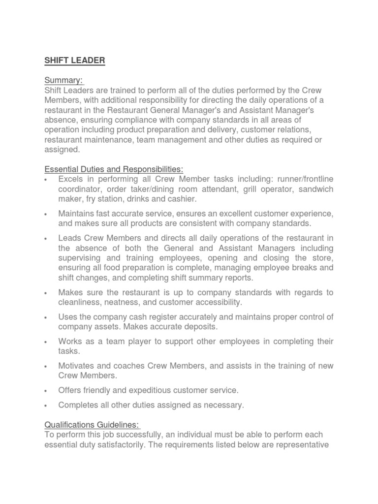 Fiveguys SHIFT LEADER Job Description May2017 | PDF | Harassment