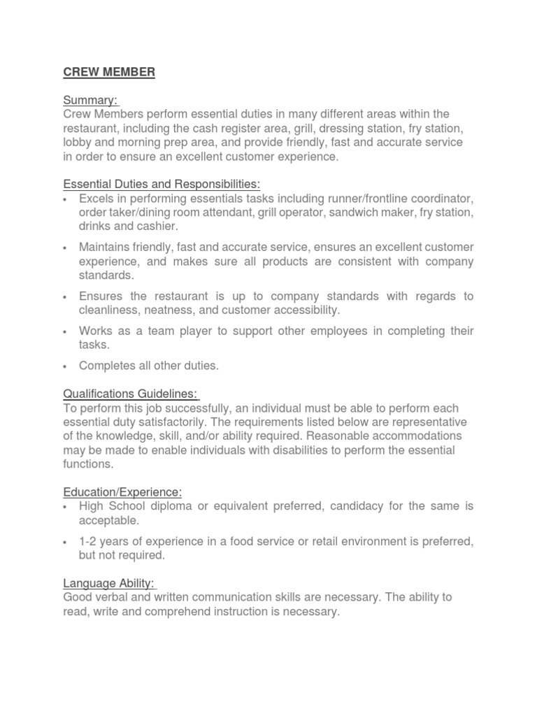 Five Guys Crew Member Job Description | PDF | Disability | Gender