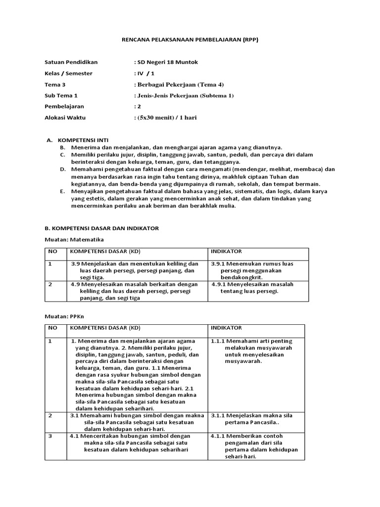 RPP Kelas 4 | PDF | Karier & Perkembangan