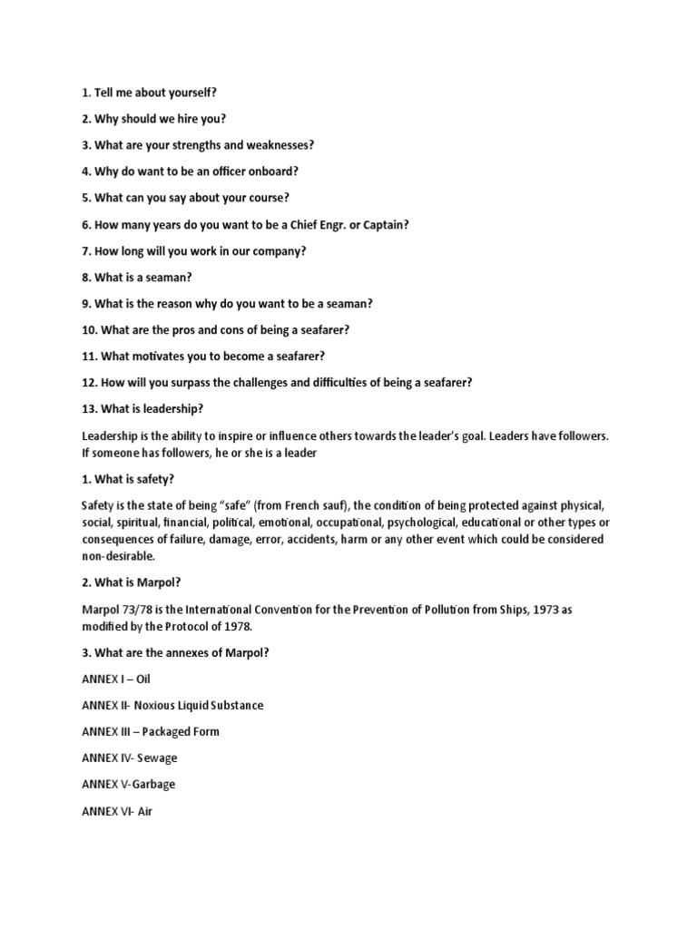 Sample Interview Questions For Deck Cadet | PDF | Water Transport