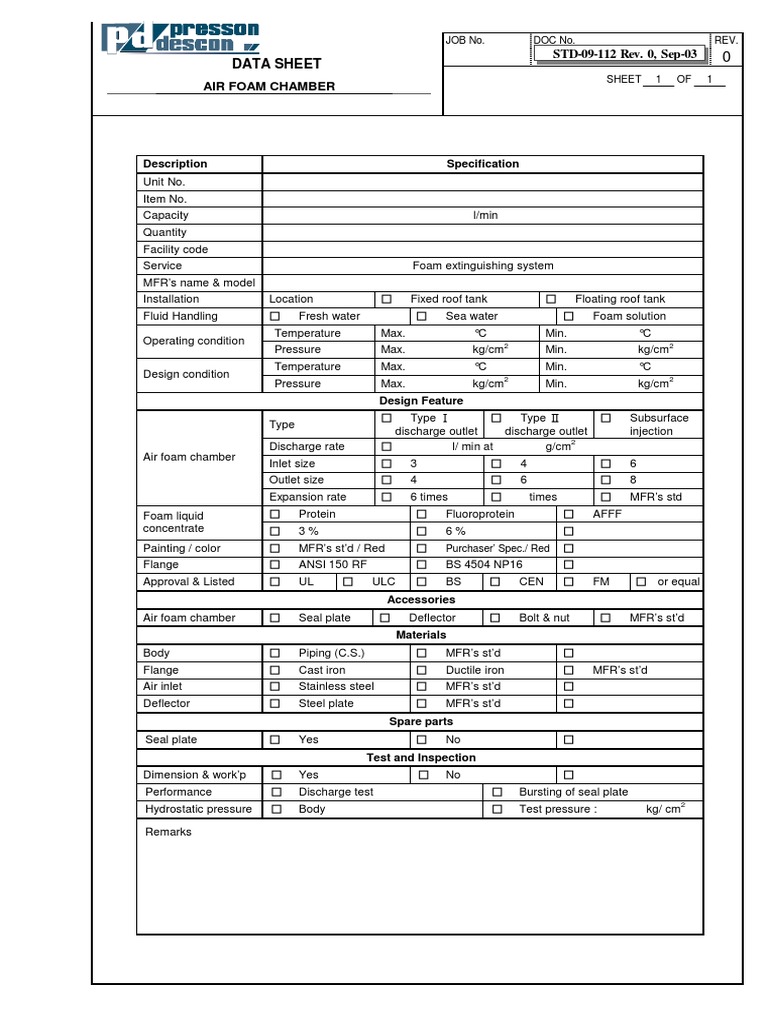 Air foam chamber data sheet | PDF | Foam | Civil Engineering