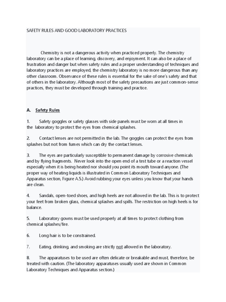 Safety Rules and Good Laboratory Practices | PDF | Laboratories ...