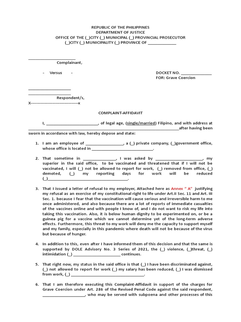 Complaint-Affidavit for Grave Coercion | PDF | Ethical Principles | Rights