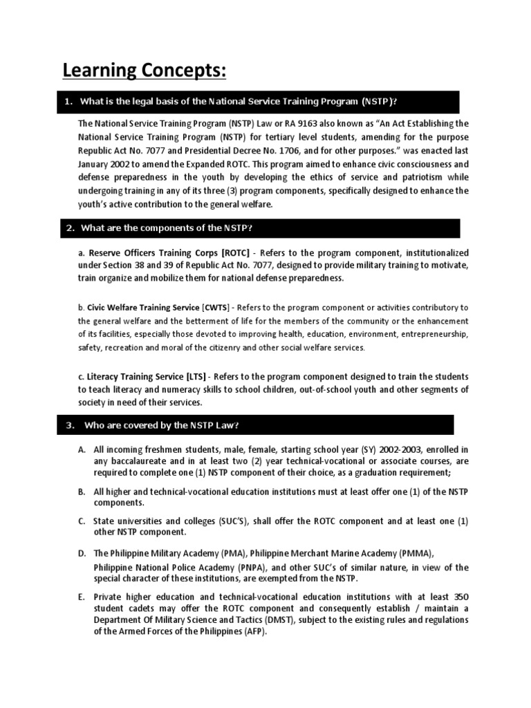 Learning Concepts:: 1. What Is The Legal Basis of The National Service Training Program (NSTP ...