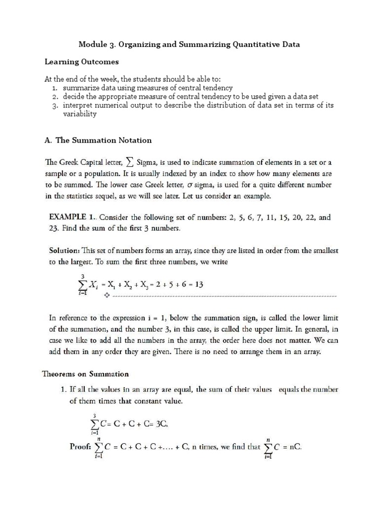 Module 3. Organizing and Summarizing Quantitative Data | PDF | Quartile | Mean