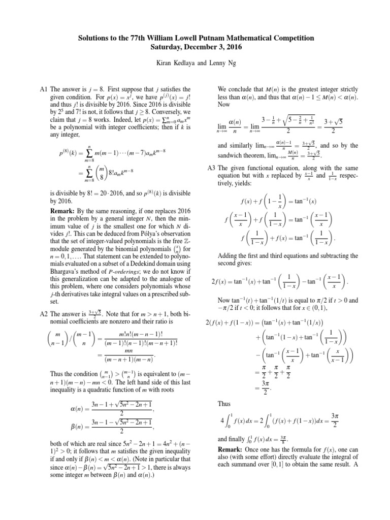 Solutions To The 77th William Lowell Putnam Mathematical Competition ...