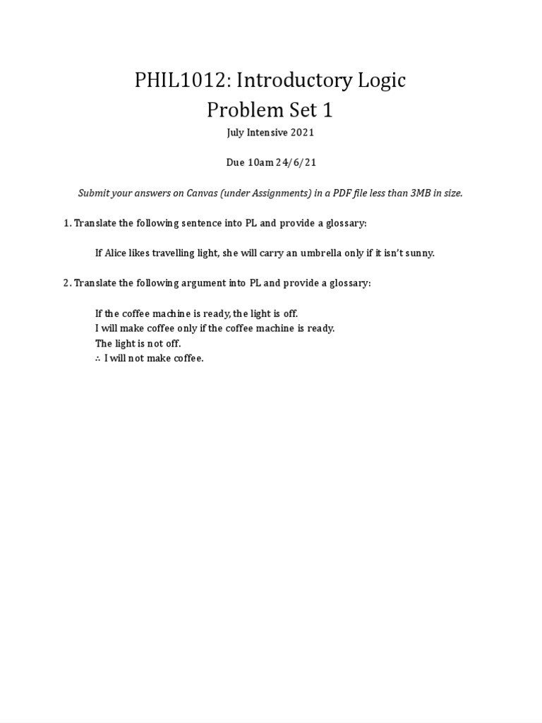 PHIL1012: Introductory Logic Problem Set 1 | PDF