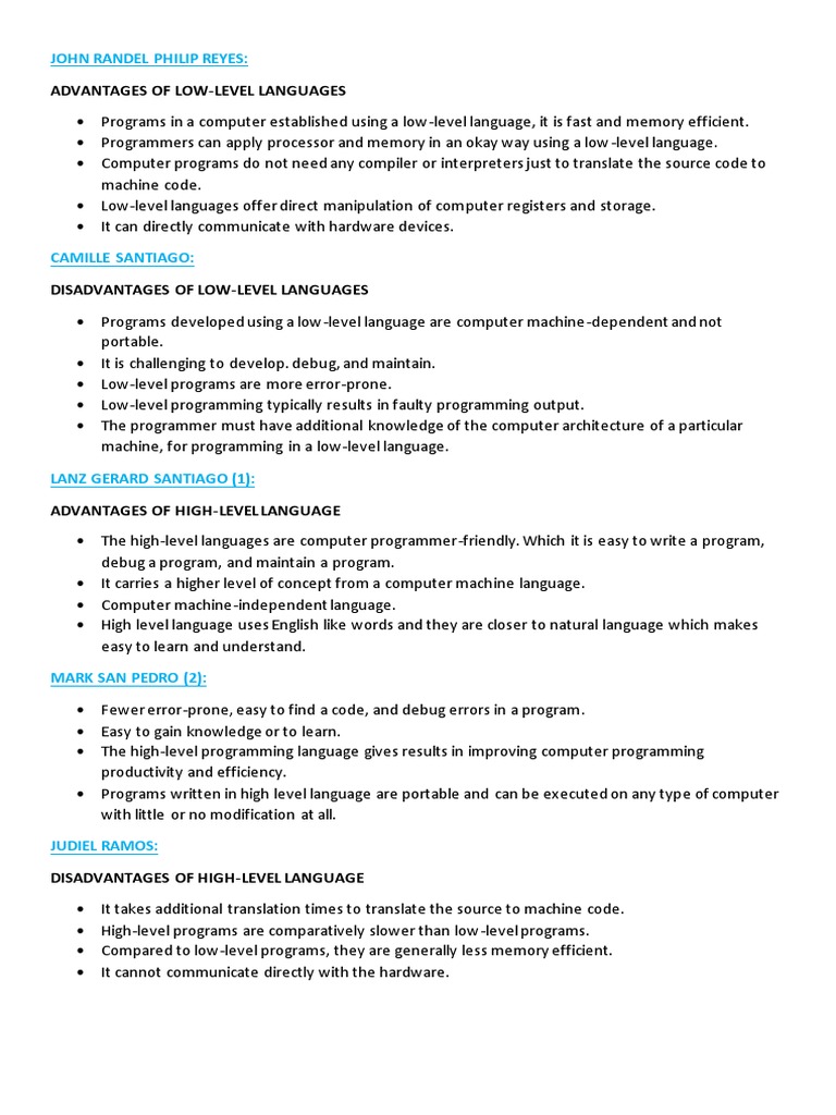 Advantages and Disadvantages of Low-Level and High Level Language | PDF