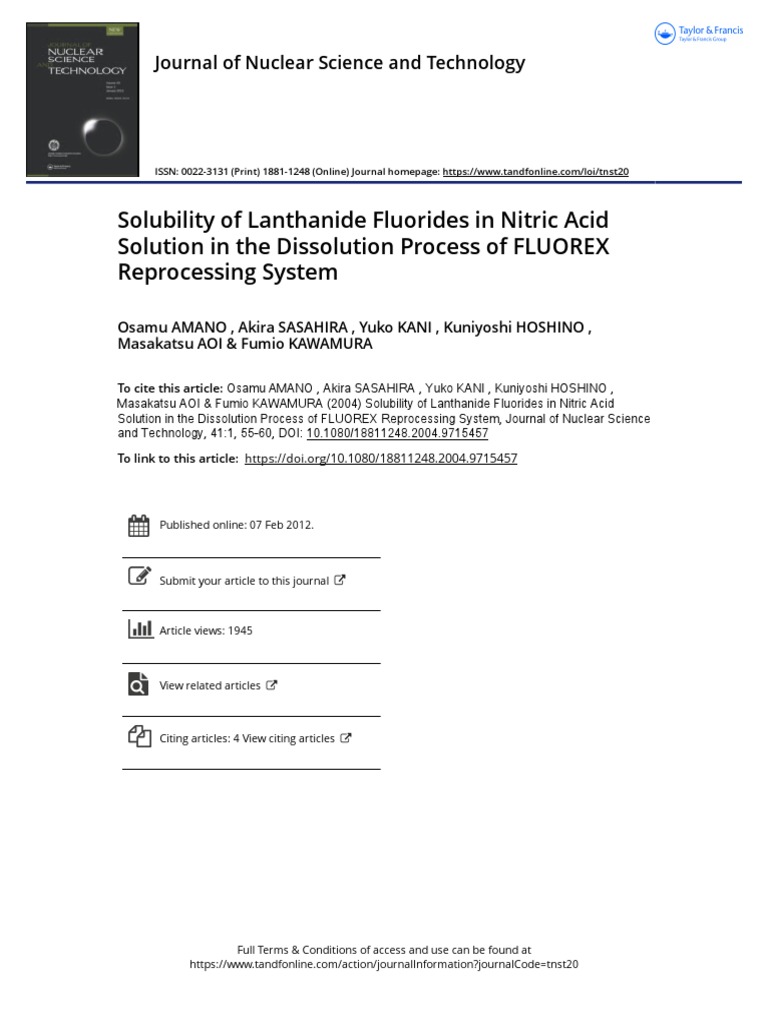 Solubility of Lanthanide Fluorides in Nitric Acid Solution in The ...