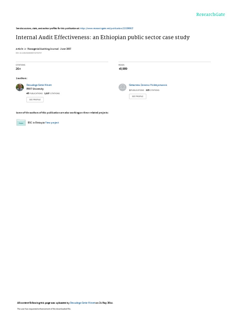 Internal Audit Effectiveness An Ethiopian Public S | PDF | Internal Audit | Audit