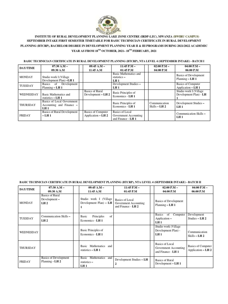 IRDP Lake Zone Timetable 2021/2022 | PDF | Accounting | Academia