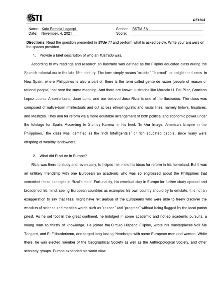 Legaspi Kate Pamela BSTM 3A Worksheet Rizals Life and Works | PDF ...