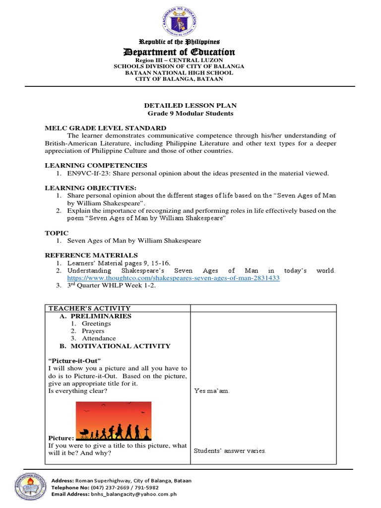 Department of Education: Detailed Lesson Plan Grade 9 Modular Students ...