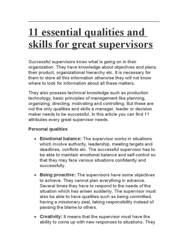 11 Essential Qualities and Skills For Great Supervisors | PDF | Skill ...
